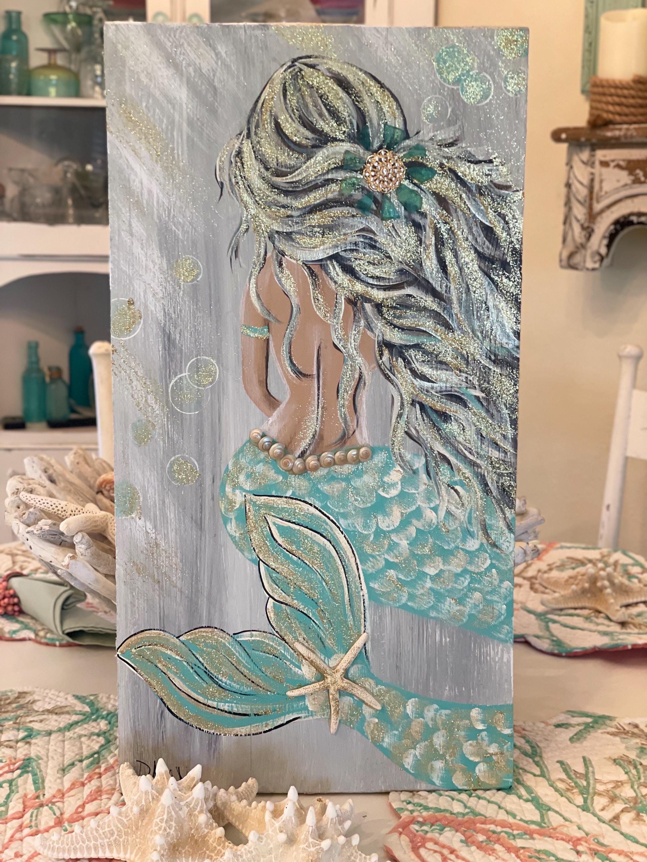 Aqua Blue Mermaid on Wood - Etsy