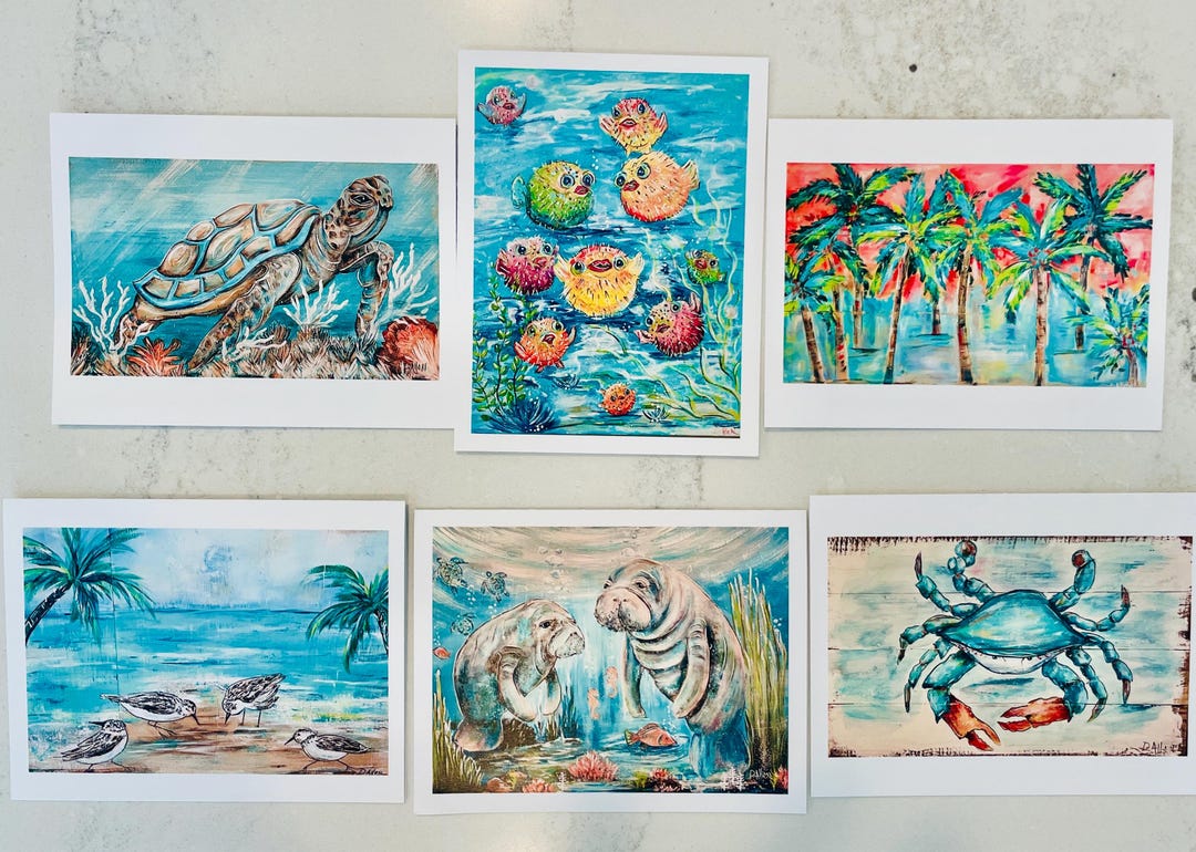 Coastal Notecards: Sea Creatures & Palm Tree Art, Set of 6 - Etsy Australia