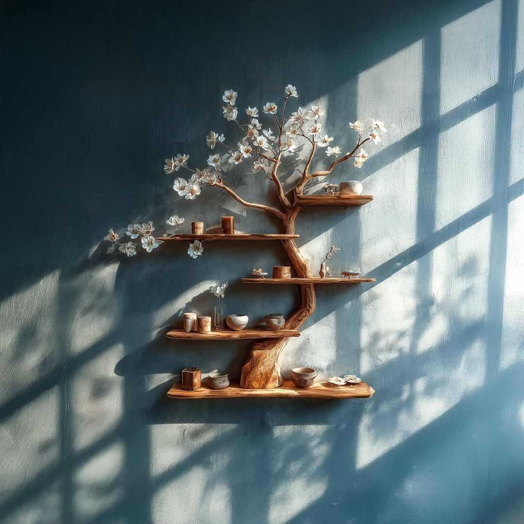 Rustic Wooden Tree Bookshelf With Blossom Design, Handcrafted Wall ...