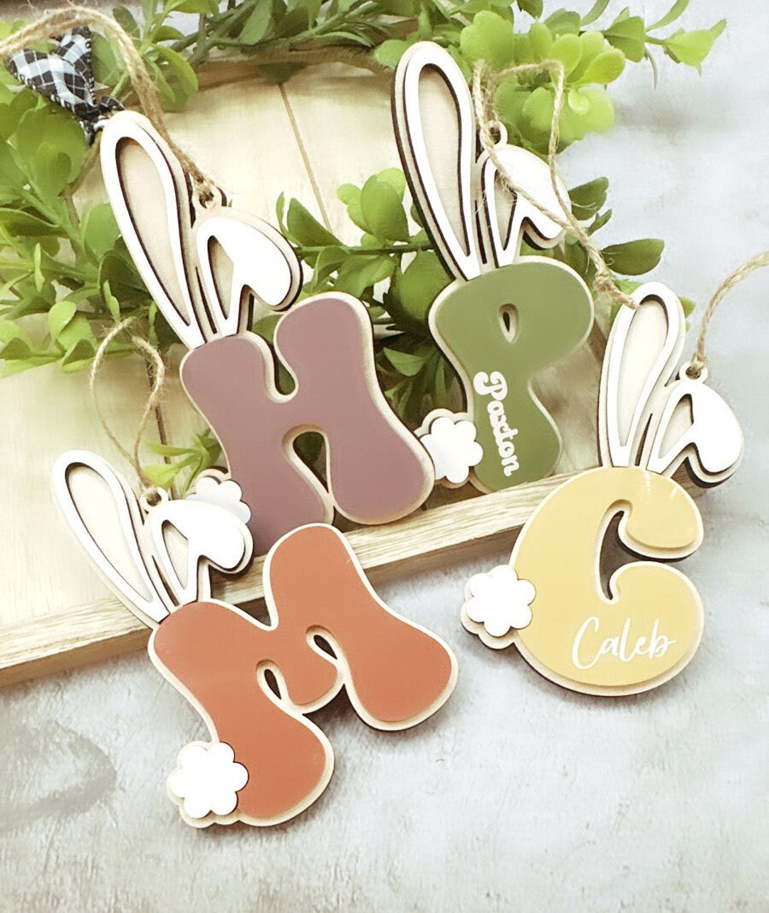 Initial Bunny Easter Tag Bunny Name Tag Easter Custom Tag Earth Tone ...