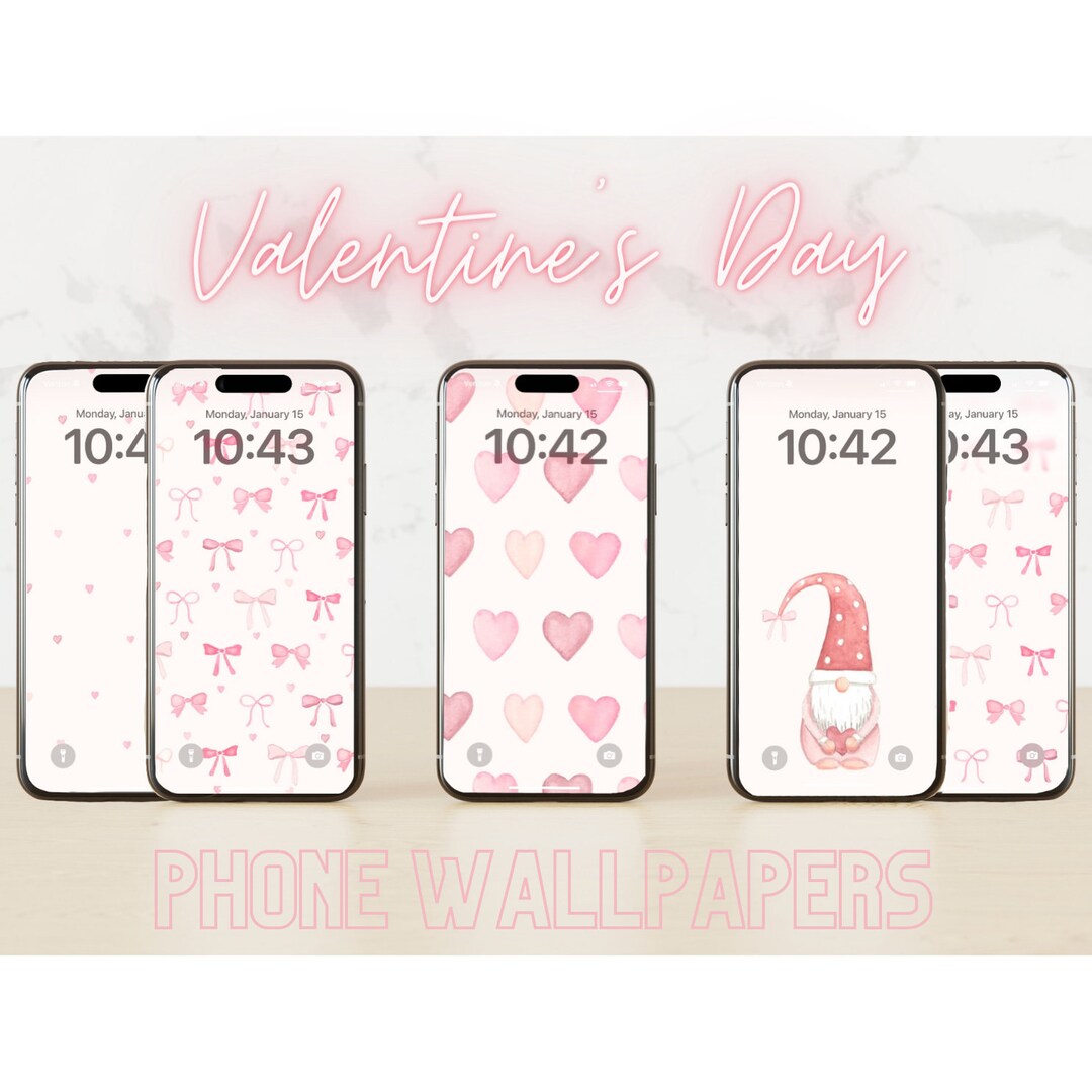Digital Watercolor Pink Hearts Bows and Gnome Phone Wallpaper ...