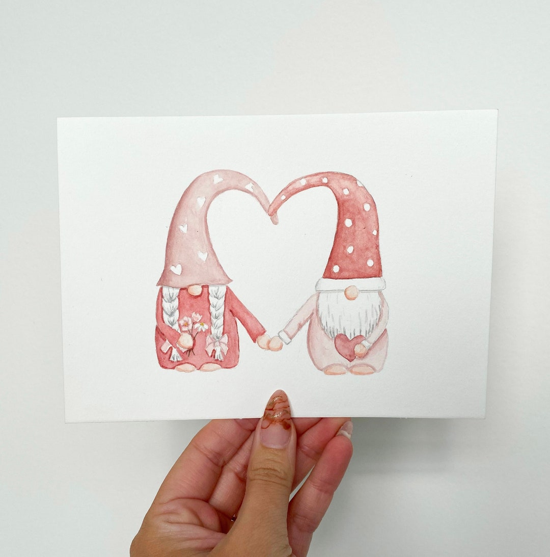Gnome Watercolor Floral Heart Art Print Valentine's Day - Etsy