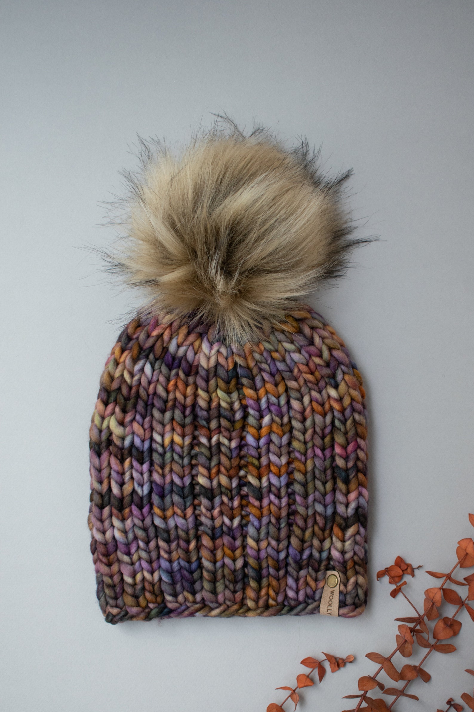 Brown Multi-Color Merino Wool Knit Hat with Faux Fur Pom Pom | Etsy