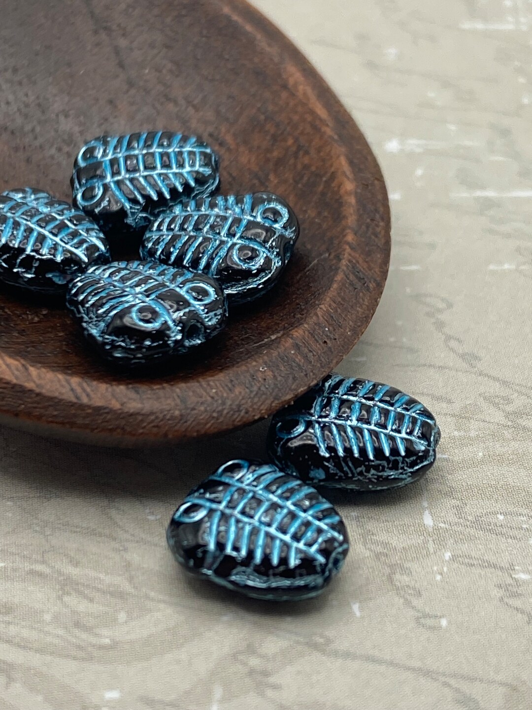 Czech Glass Trilobite Fossil Beads 10x13mm, Set of 6, Black With ...