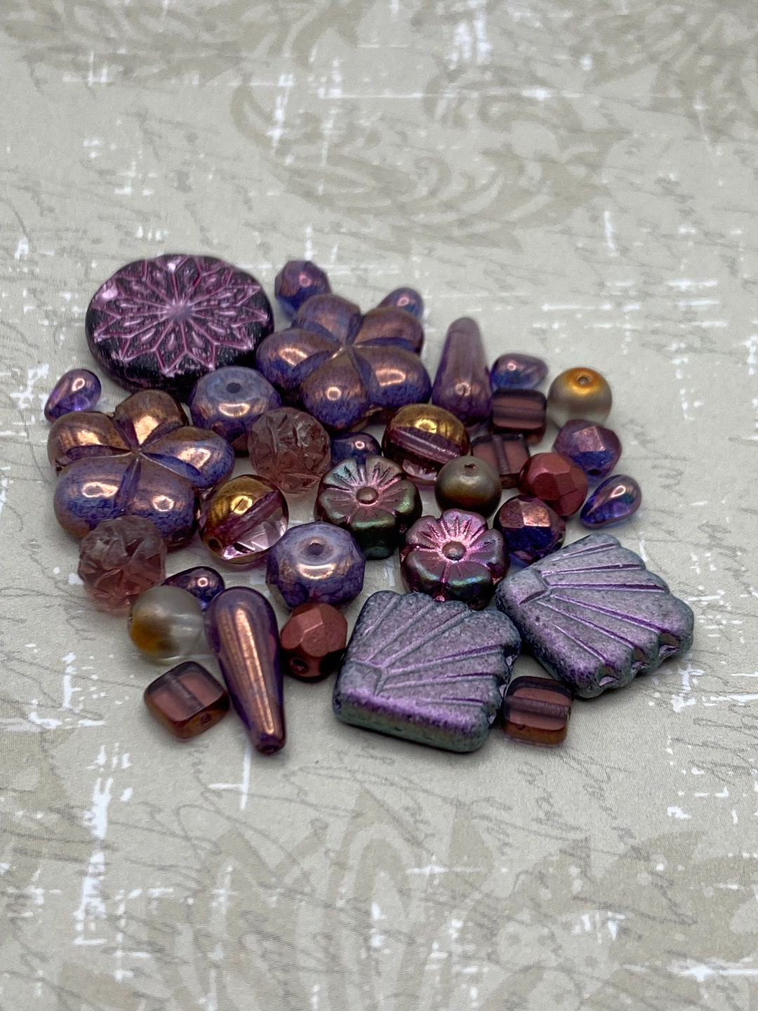 Artisan Czech Glass Bead Mix Origami Flower Purple Colour Assortment
