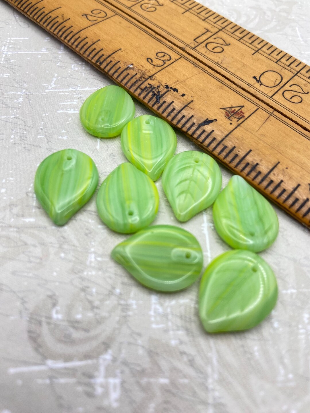 Czech Glass Flat Leaf Beads | 16x14mm | Bright Green Marl | Large Top ...