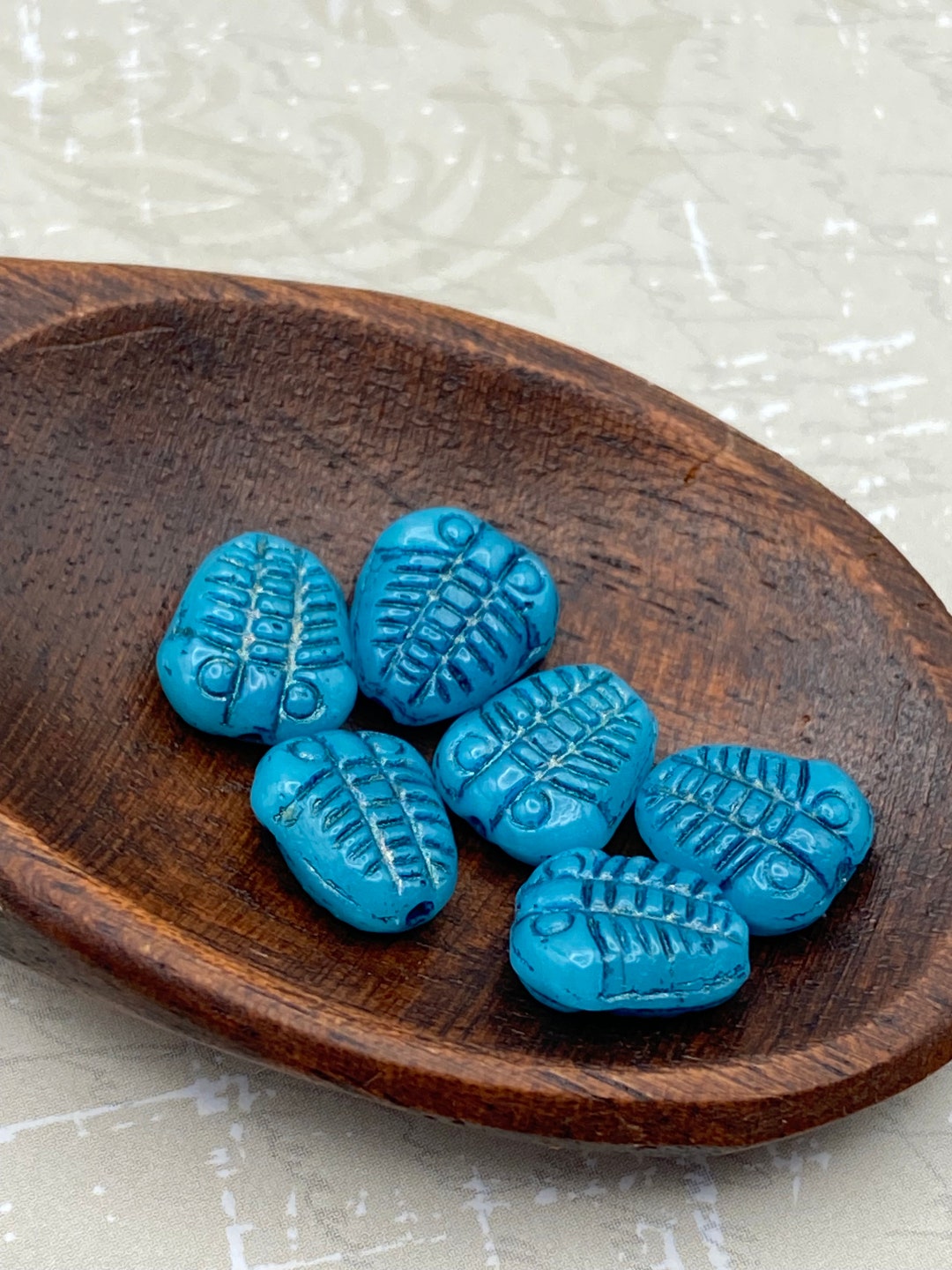 Trilobite Beads Pack of Six 6 10x13mm Teal Blue With Black Wash ...