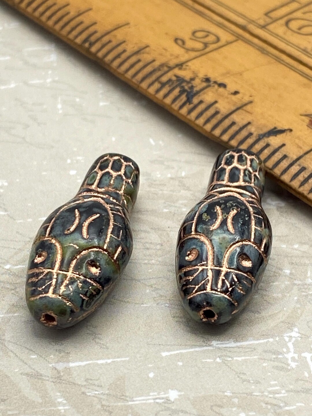 Snake Head Serpent Beads 30 X 12 Mm Pack of Two 2 Blue Black Picasso ...