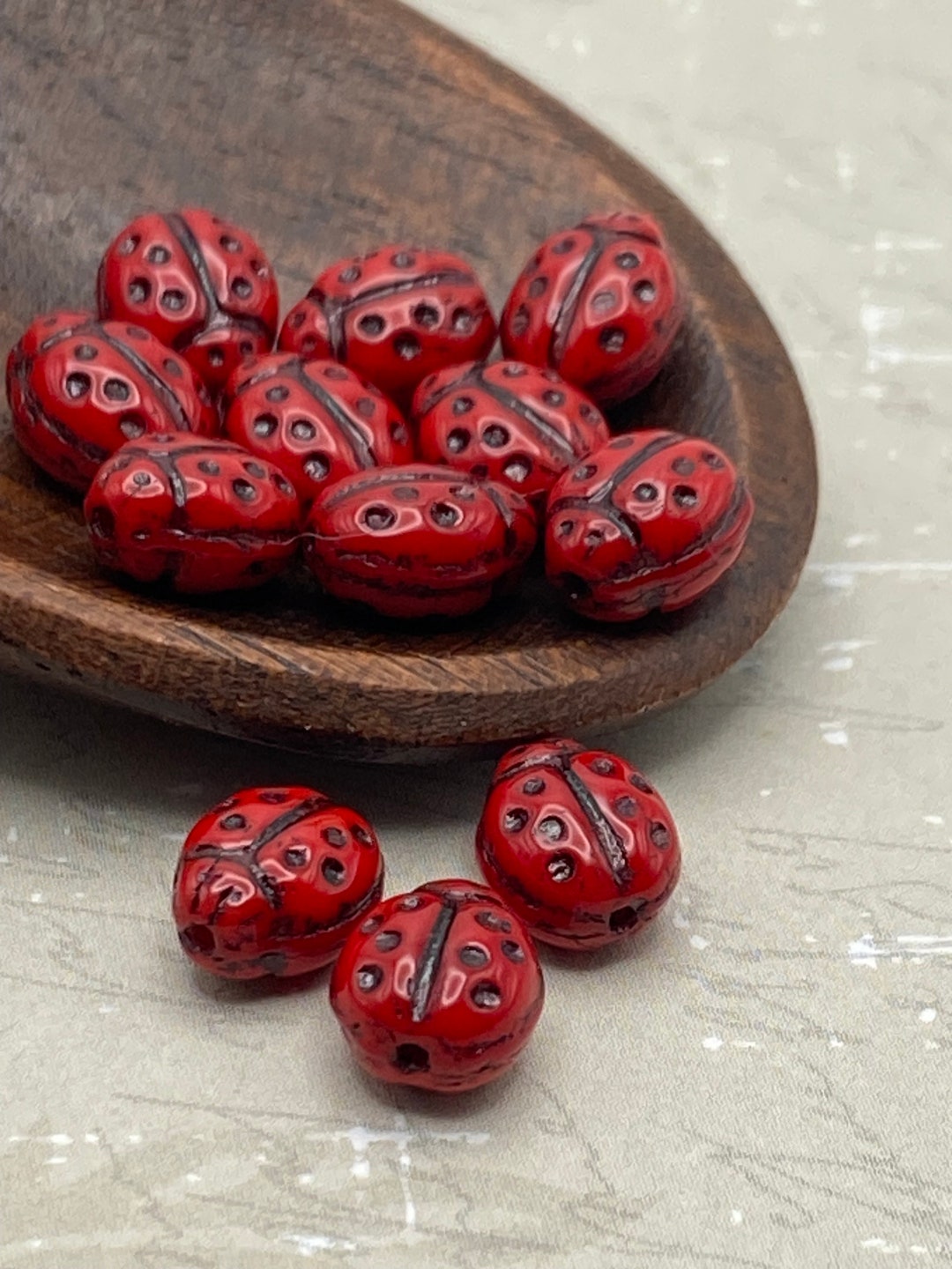Ladybird Beads, Red With Black Spots | 10x8mm | Pressed Czech Glass ...