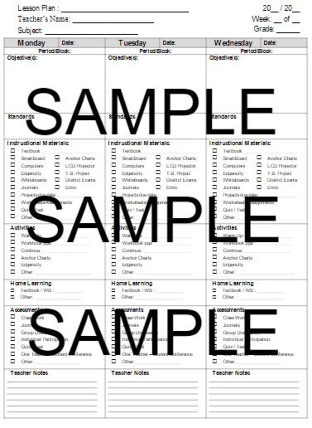 Block Schedule Lesson Plan Template - Editable - Etsy