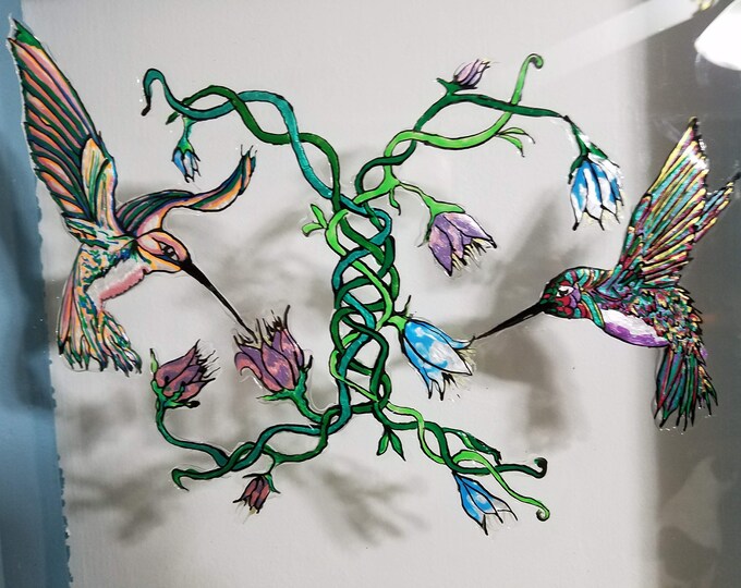 Two Hummingbirds Floral Display Handpainted Stained Glass Decal/window ...