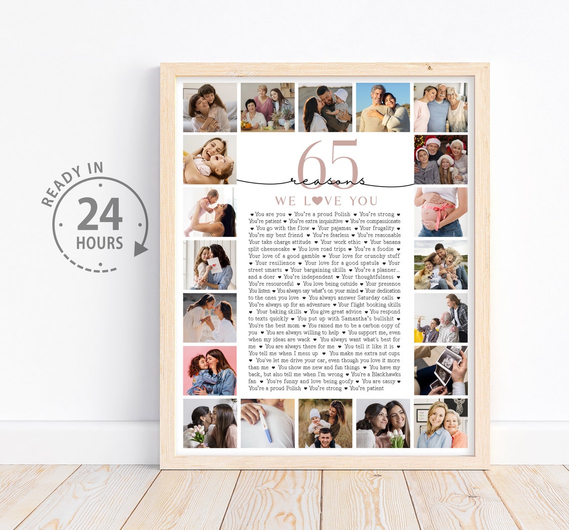 Personalized 65 Reasons We Love You Custom Photo Collage, 65th Birthday ...