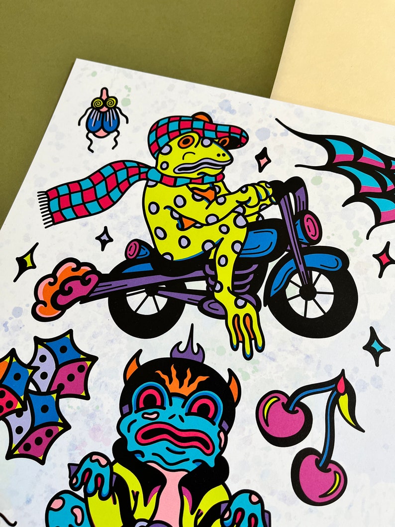 Biker Frog Traditional Tattoo Inspired A4 Print - Etsy