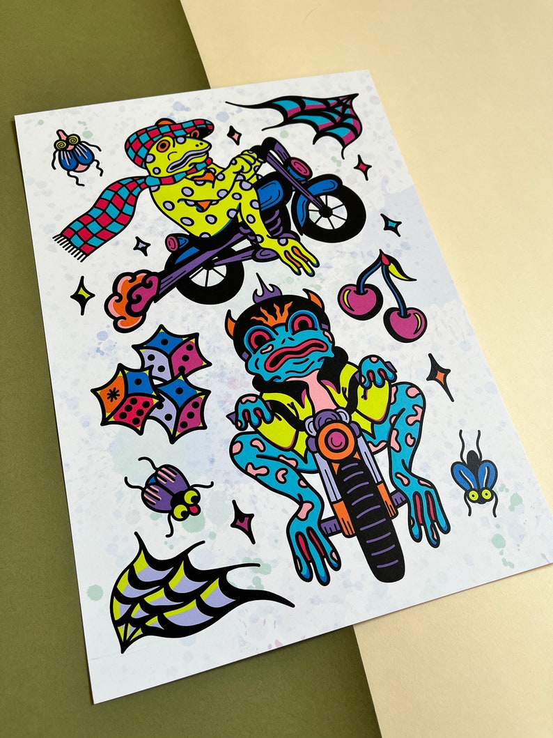 Biker Frog Traditional Tattoo Inspired A4 Print - Etsy