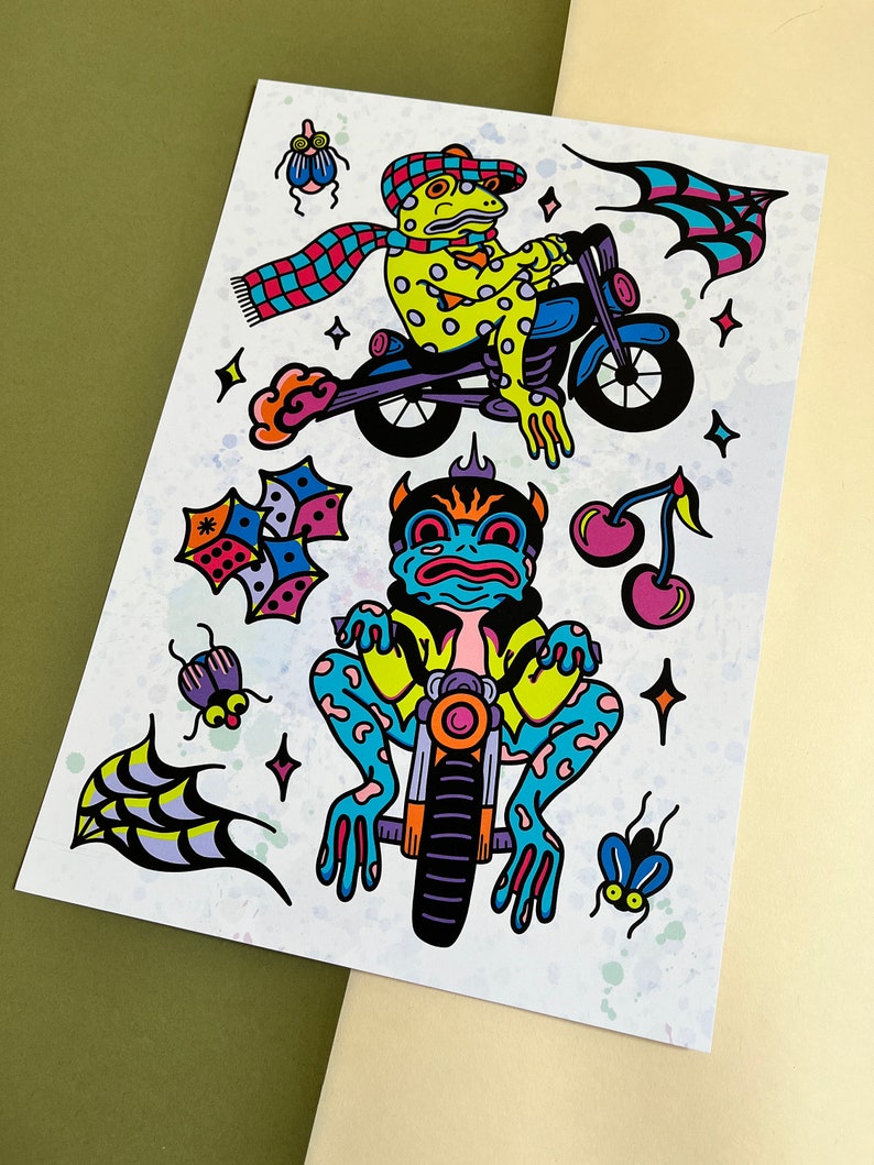 Biker Frog Traditional Tattoo Inspired A4 Print - Etsy