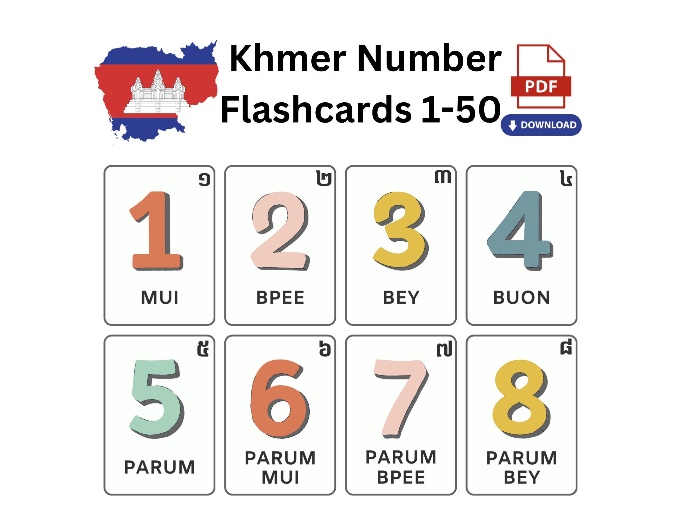 Khmer Number Flashcards 1-50: Learn to Count in Khmer, the Language of ...