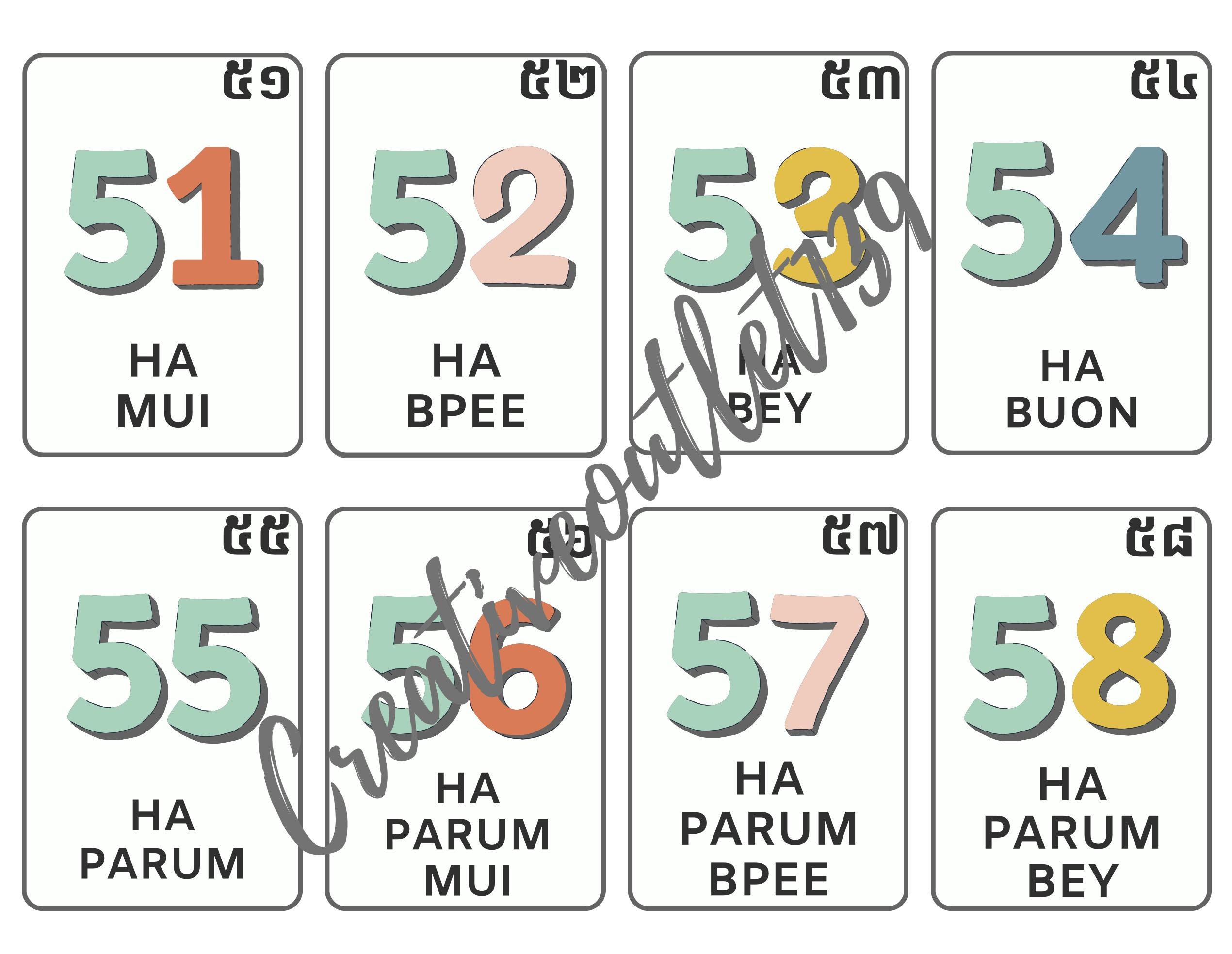 Khmer Number Flashcards 50-100 - Etsy