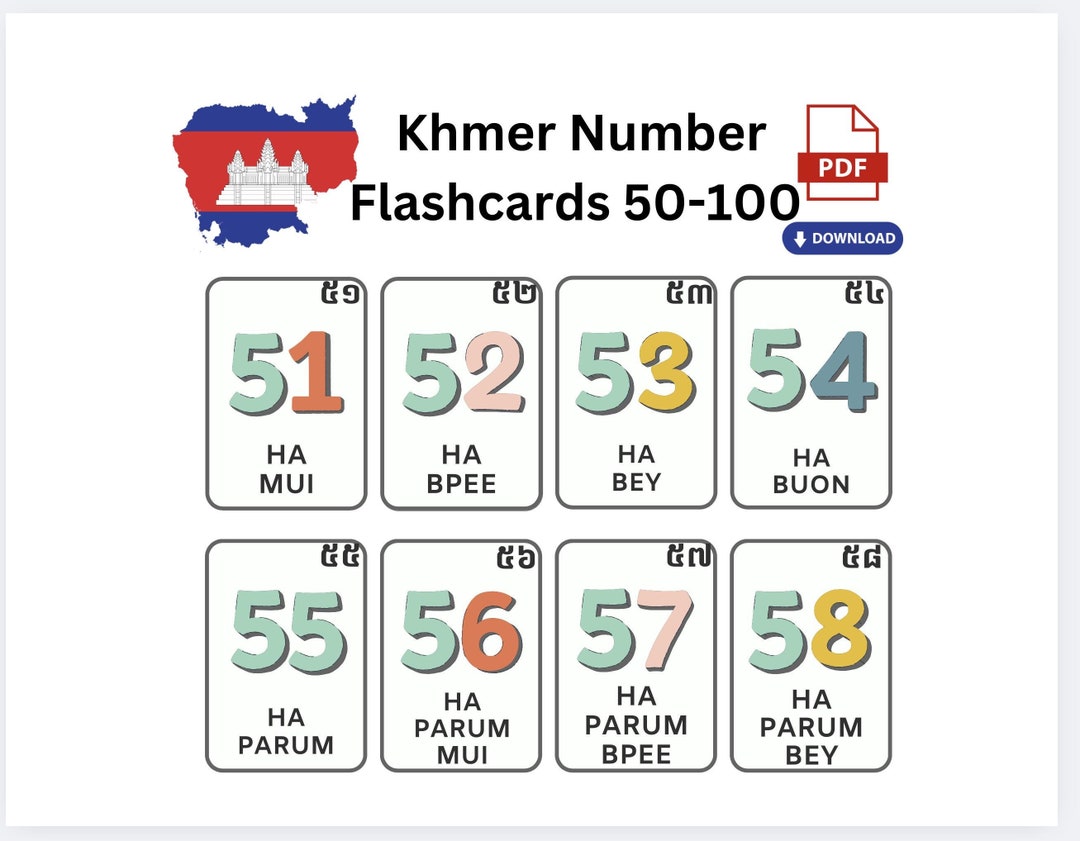 Khmer Number Flashcards 50-100 - Etsy