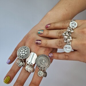 Statement Dangle Coins Ring Silver Dangle Charm Ring Smile Ring ...