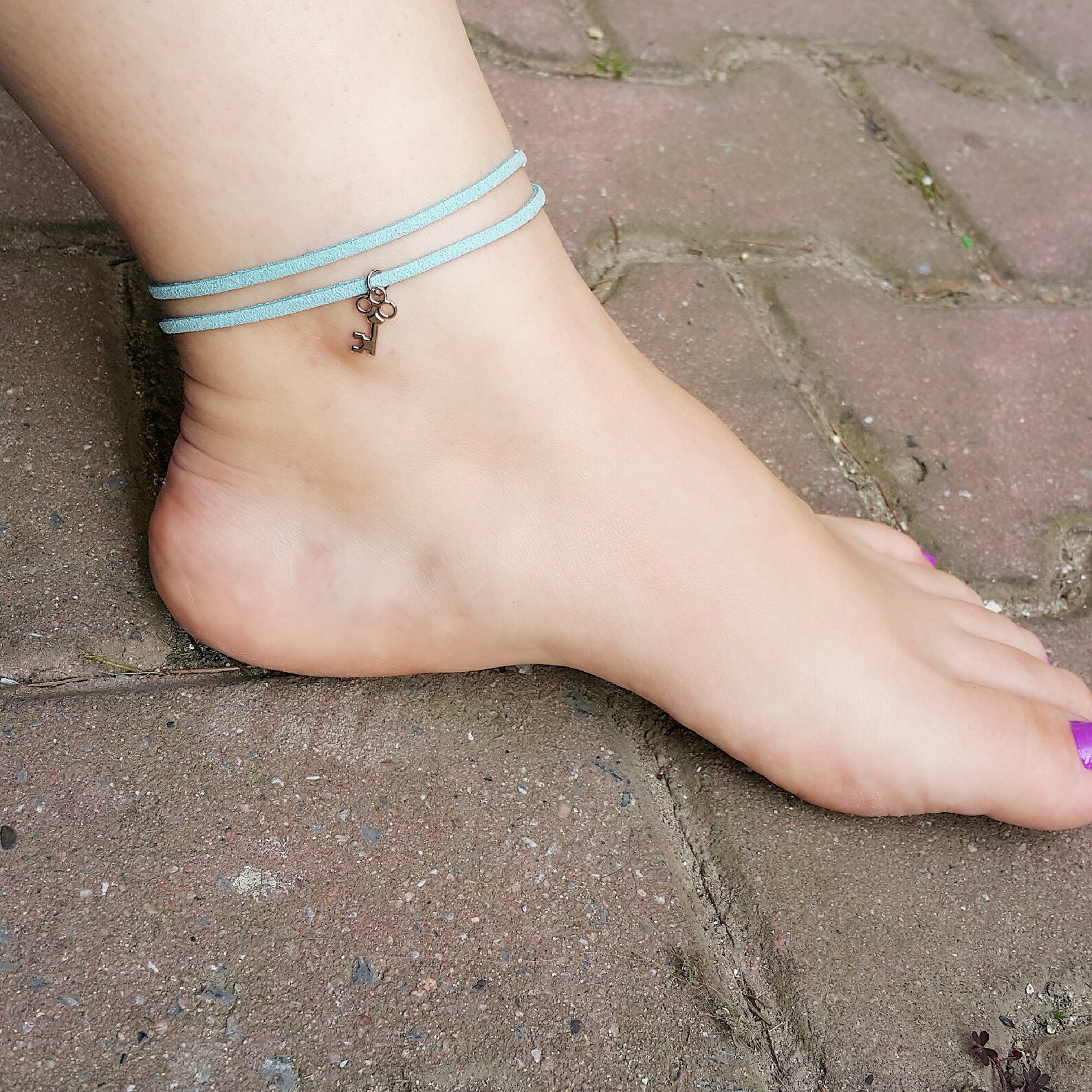 Double Faux Leather Anklet: Boho Key Charm, Friendship Jewelry - Etsy