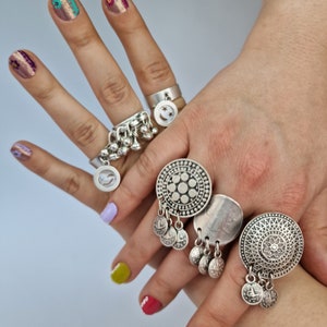 Statement Dangle Coins Ring Silver Dangle Charm Ring Smile Ring ...