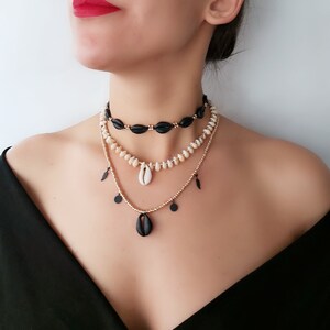 Black Shell Necklace, Gold Shell Choker,black Choker, Seashell Jewelry ...