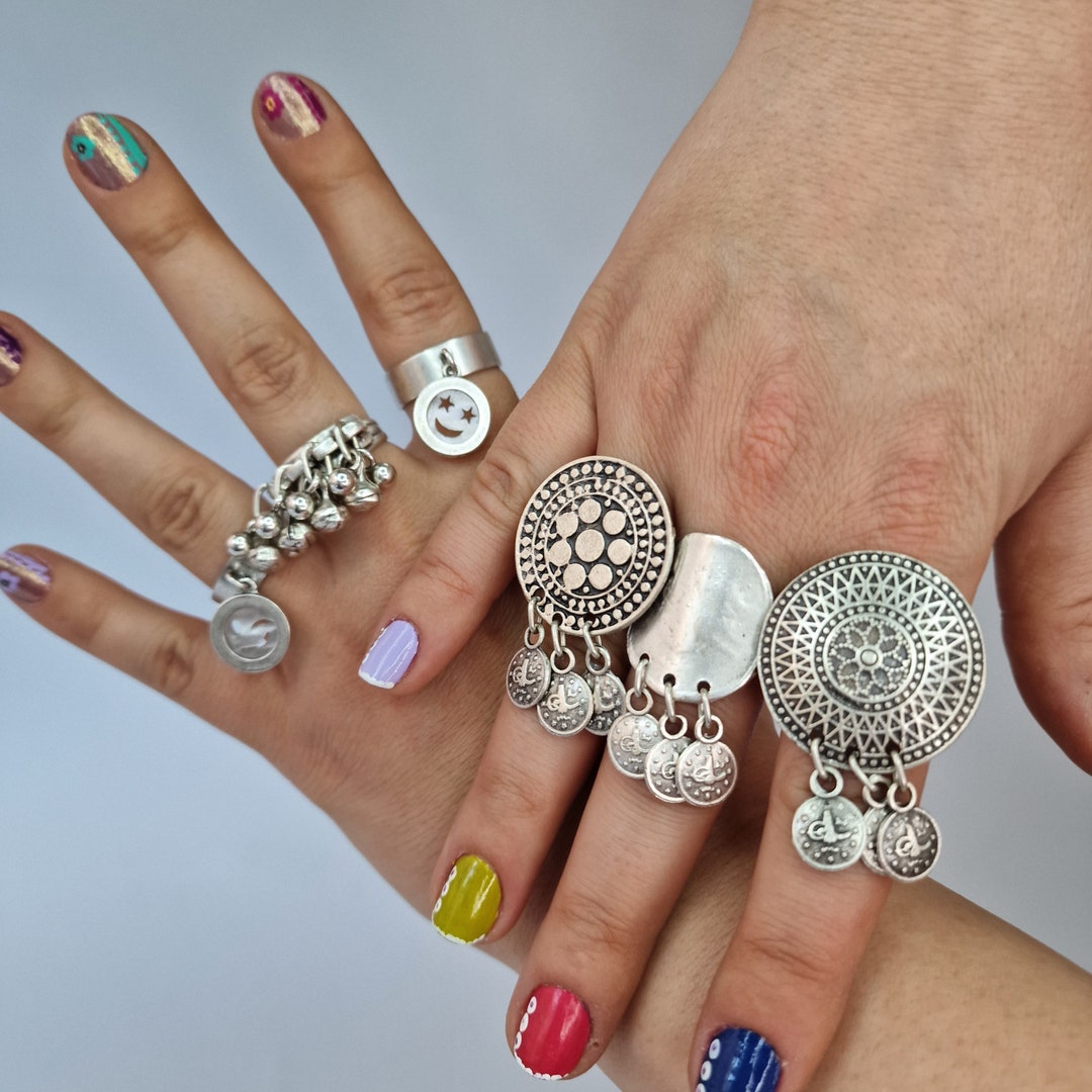 Statement Dangle Coins Ring Silver Dangle Charm Ring Smile Ring ...
