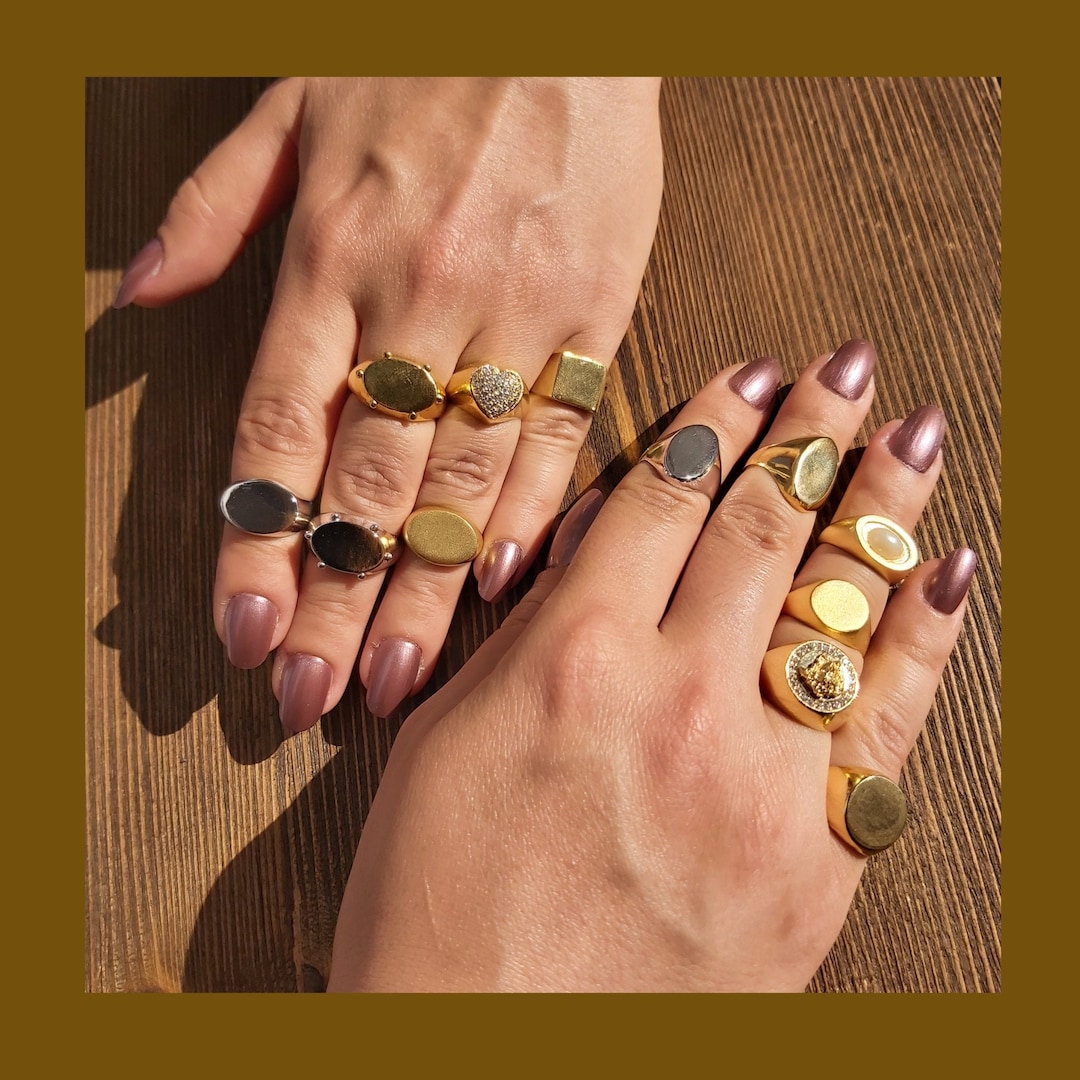 Gold Signet Ring, Shiny Gold Ring, Gold Statement Rings, Nameplate Ring ...