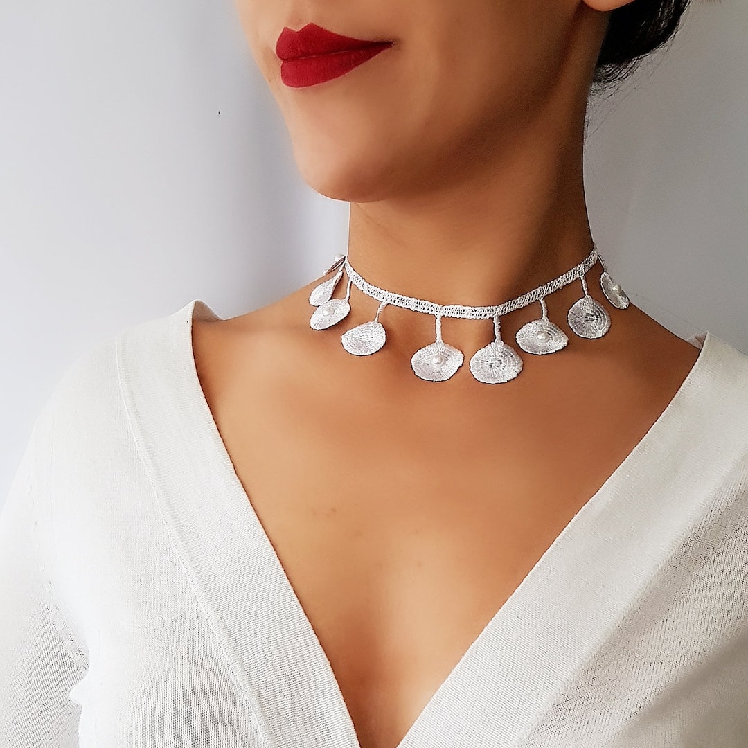 Lace Choker, Lace Fringe Choker, White Lace Choker, White Necklace ...