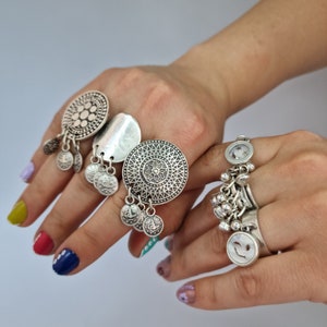 Statement Dangle Coins Ring Silver Dangle Charm Ring Smile Ring ...