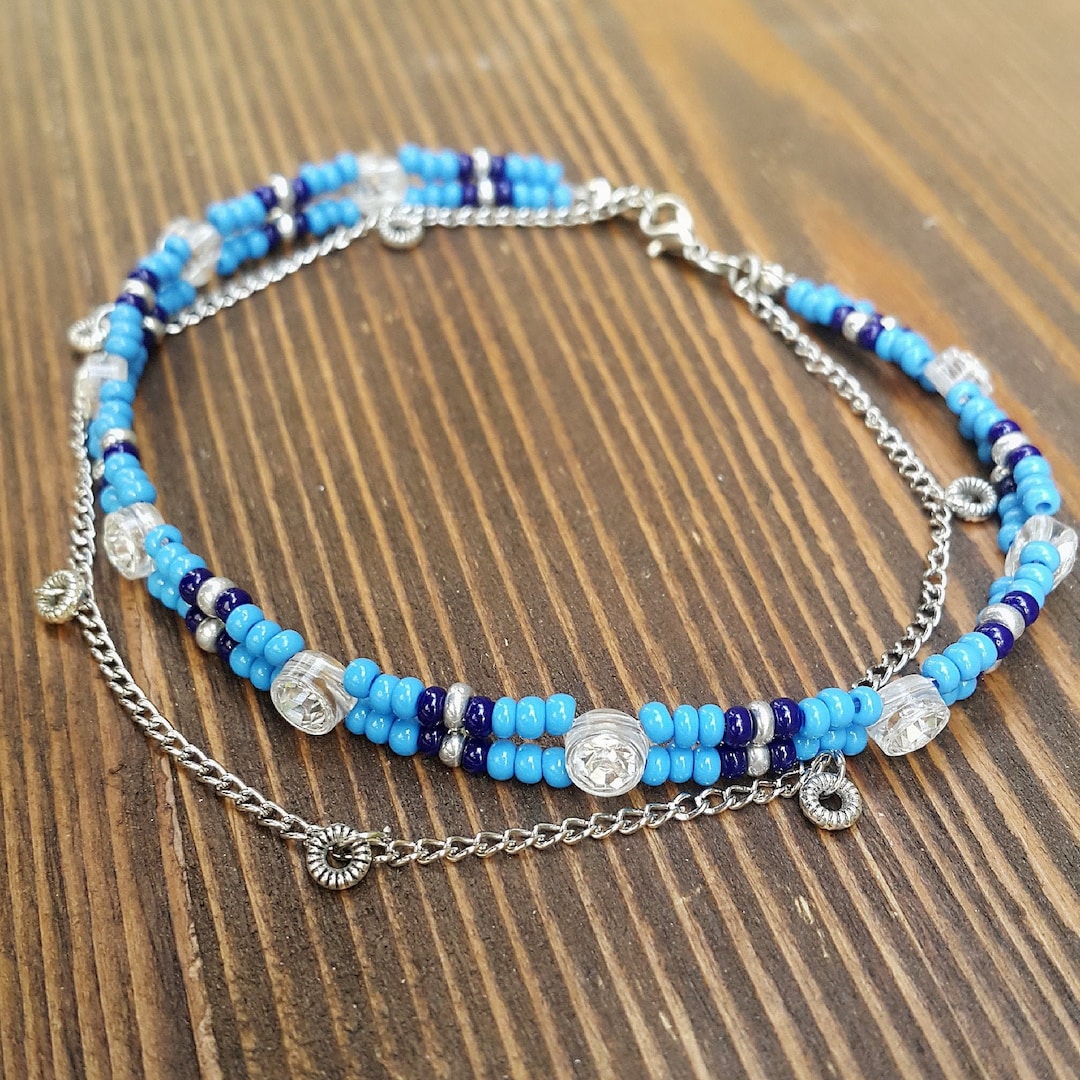 Blue Seed Bead Anklet: Layered Boho Style - Etsy
