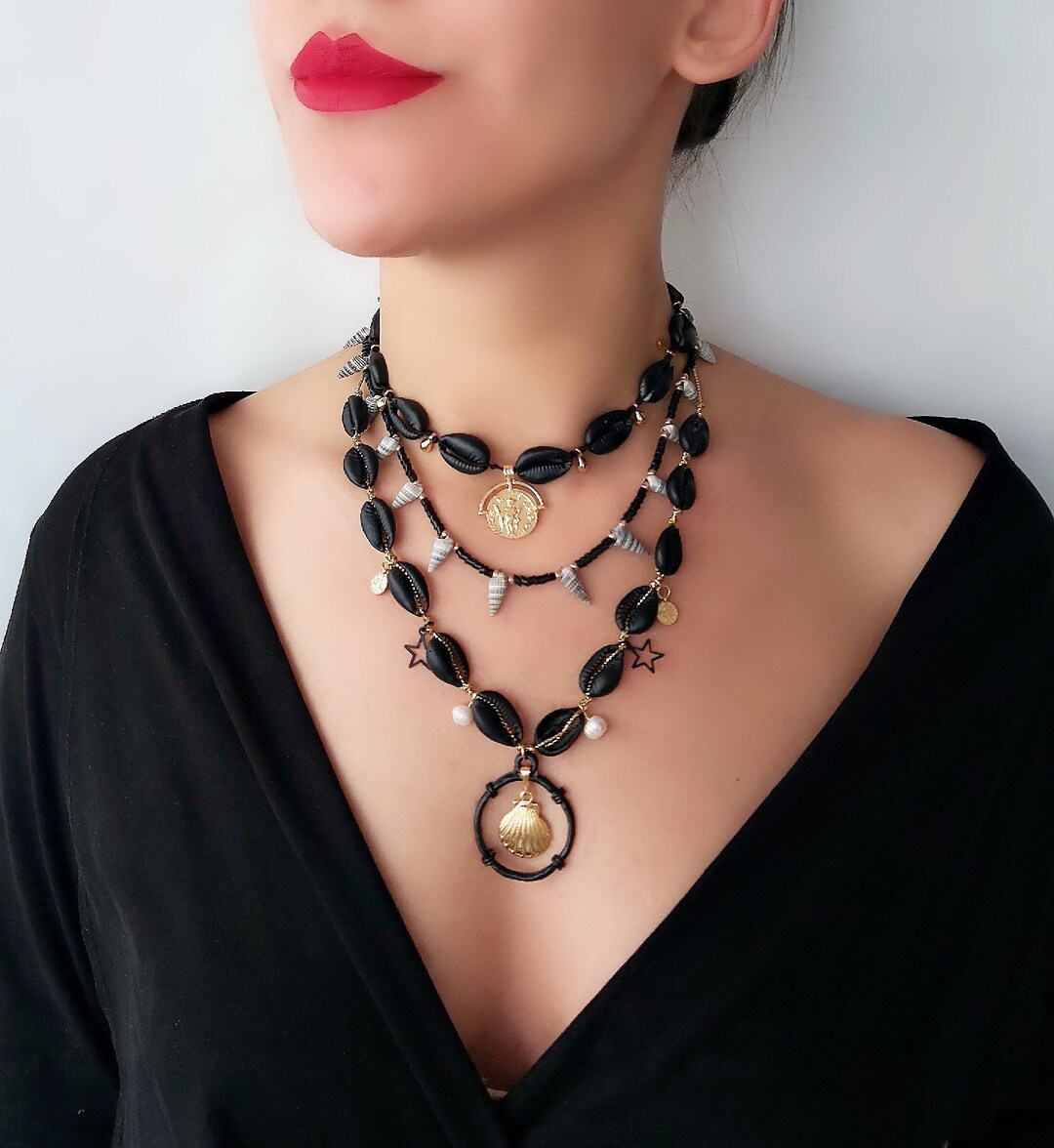 Black Shell Necklace, Gold Shell Choker,black Choker, Seashell Jewelry ...