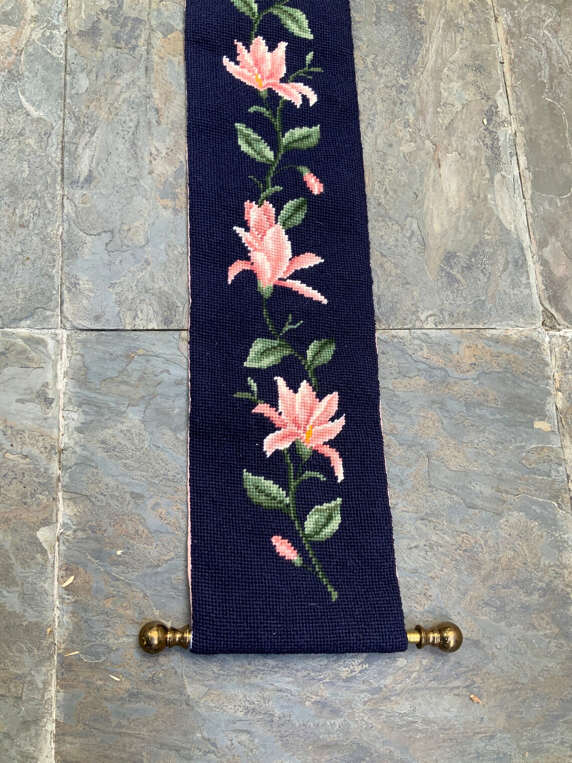 Vtg. Xt. Long Needlepoint Wall Hanging Bell Pull With Solid Brass ...