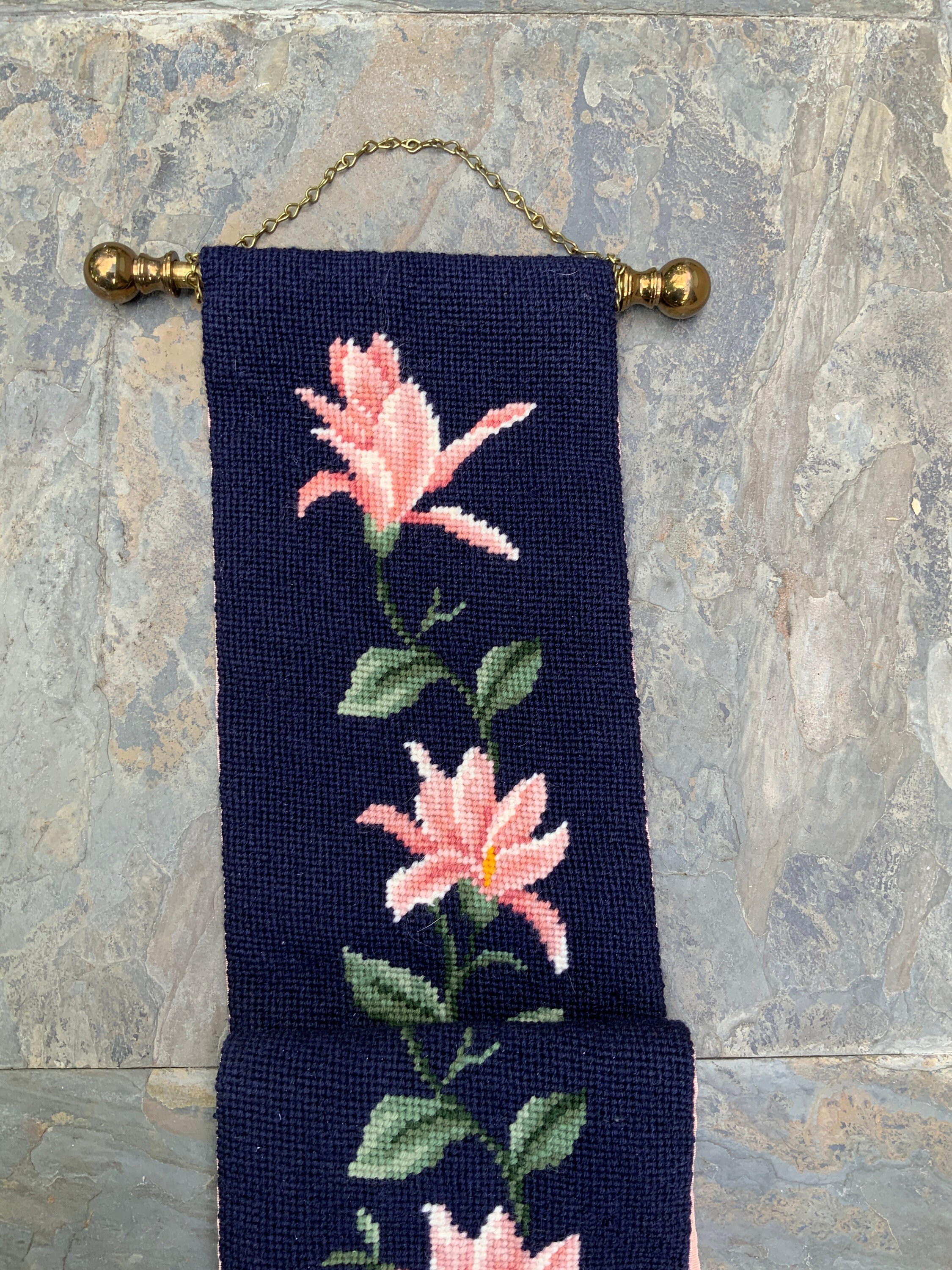 Vtg. Xt. Long Needlepoint Wall Hanging Bell Pull With Solid Brass ...