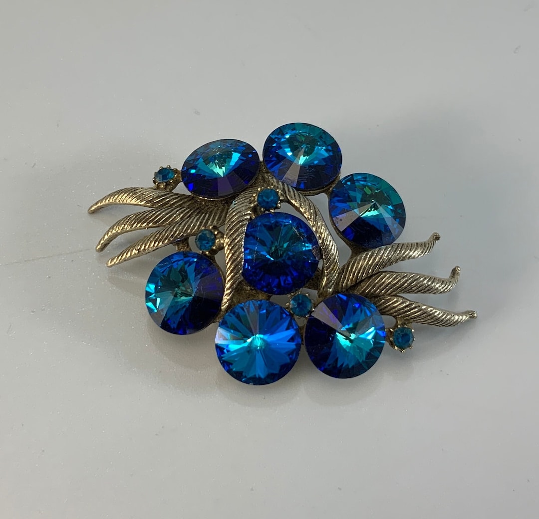 Vintage Austrian Crystals Brooch - STUNNING Blue Colors-measuring ...