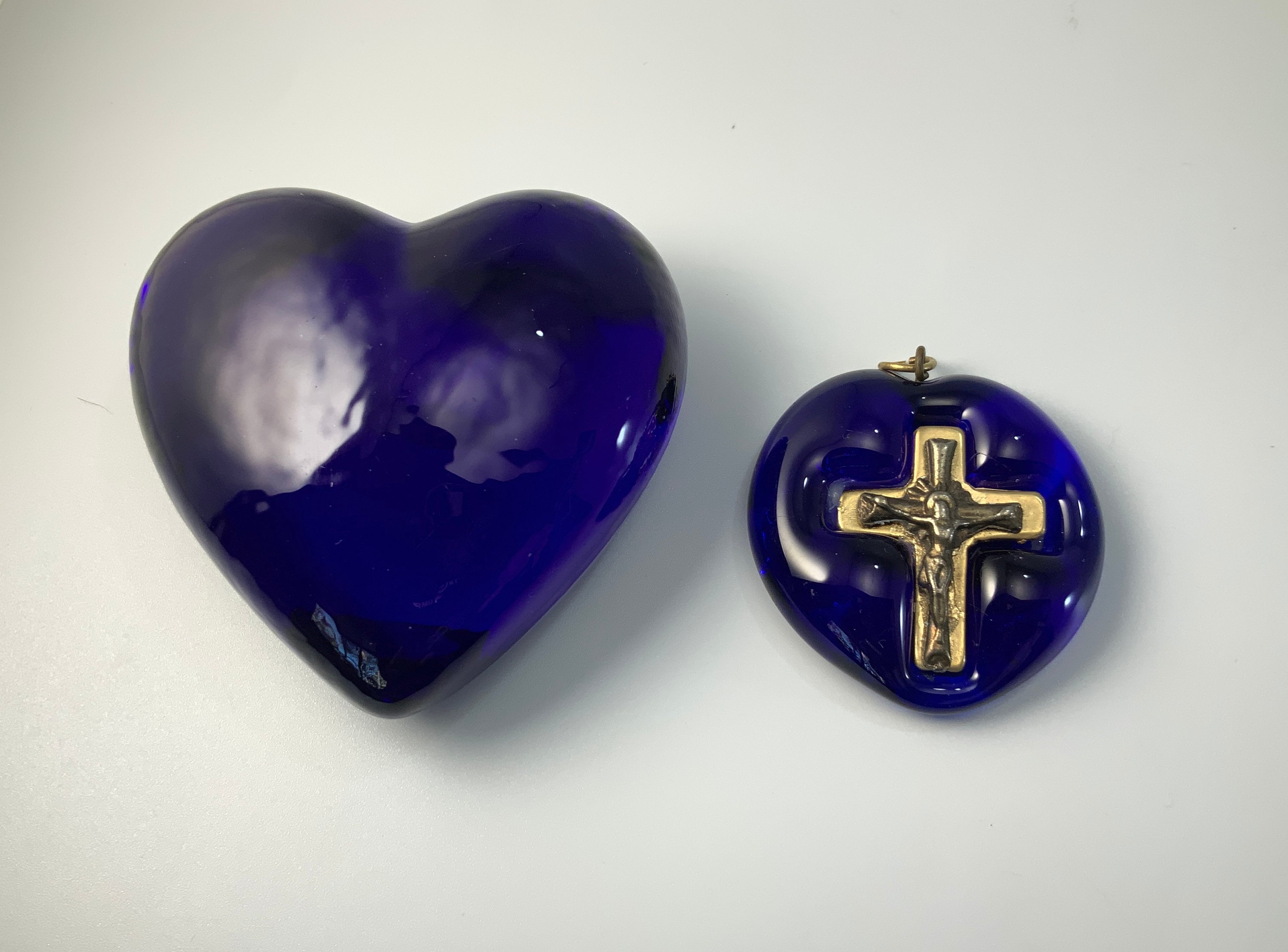 Cobalt Blue Glass Crucifix With Heart Shape Paper Weight Sold Together ...