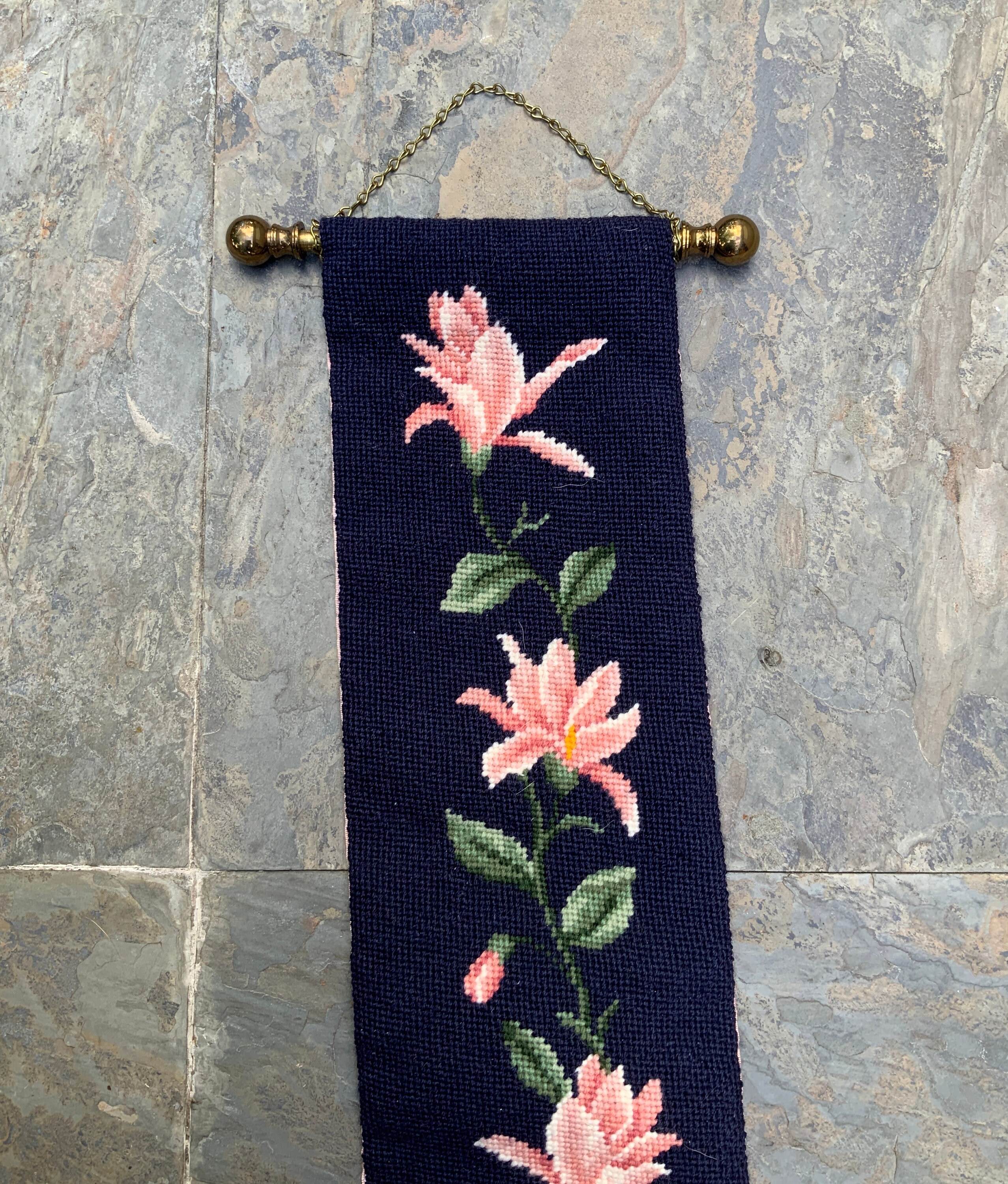 Vtg. Xt. Long Needlepoint Wall Hanging Bell Pull With Solid Brass ...