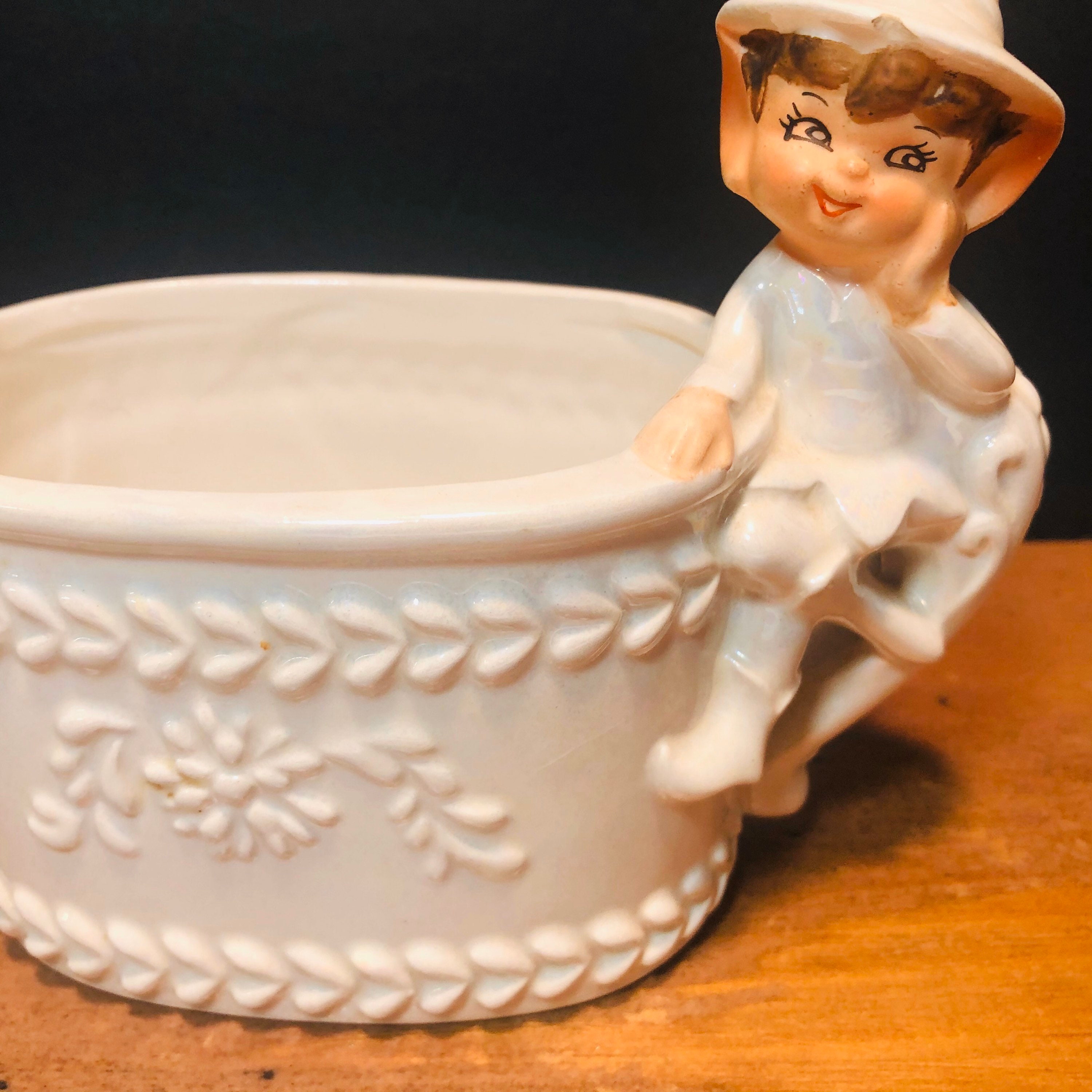 Vintage Lefton White Pixie Planter, Lefton 1115 Opalescent White Pixie ...