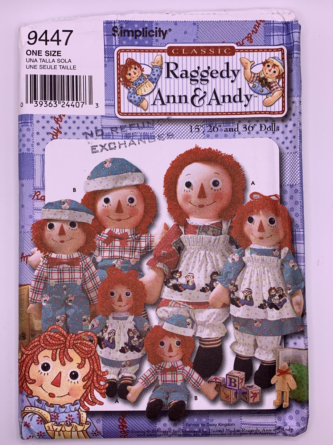 Simplicity 9447 Raggedy Ann & Andy Dolls Sewing Pattern 15 26 and 36 ...