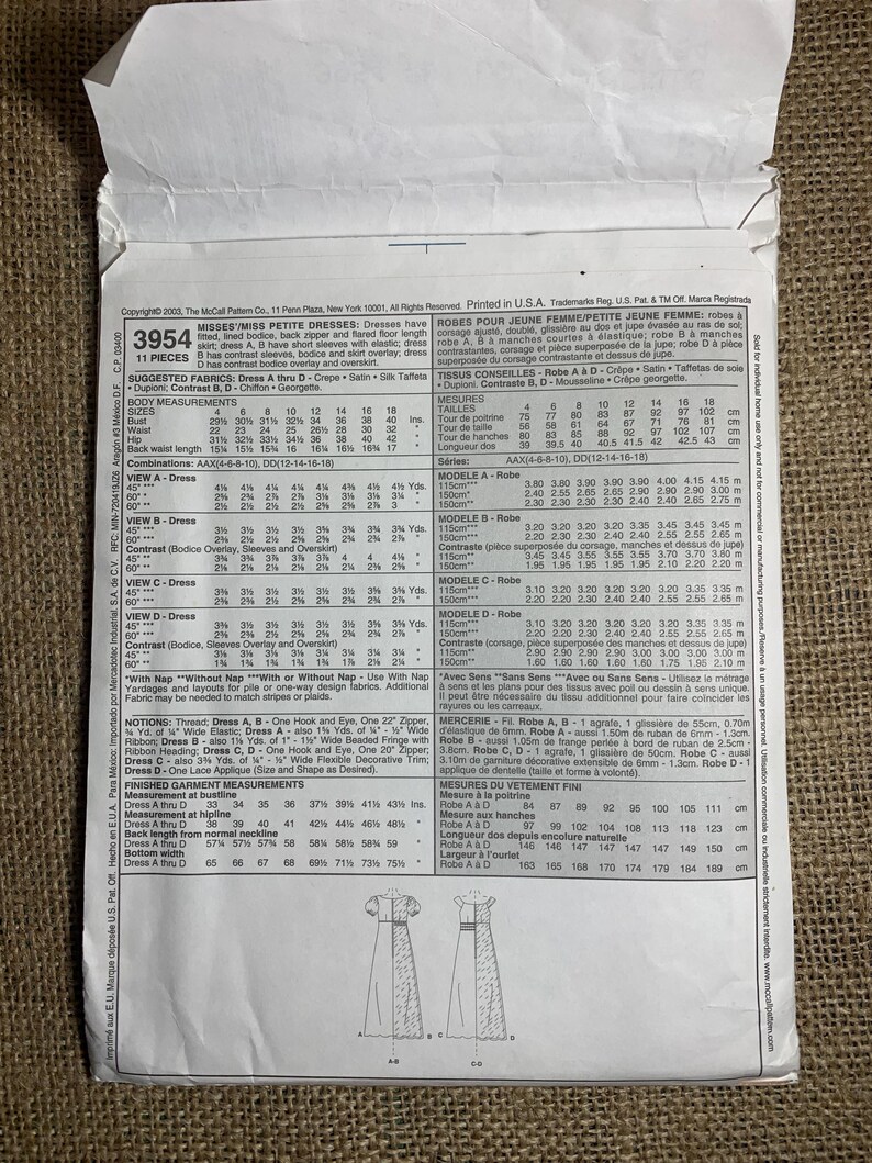 Mccall's 3954 Empire Waist Evening Dress Sewing Pattern Size 12-14 (CUT ...