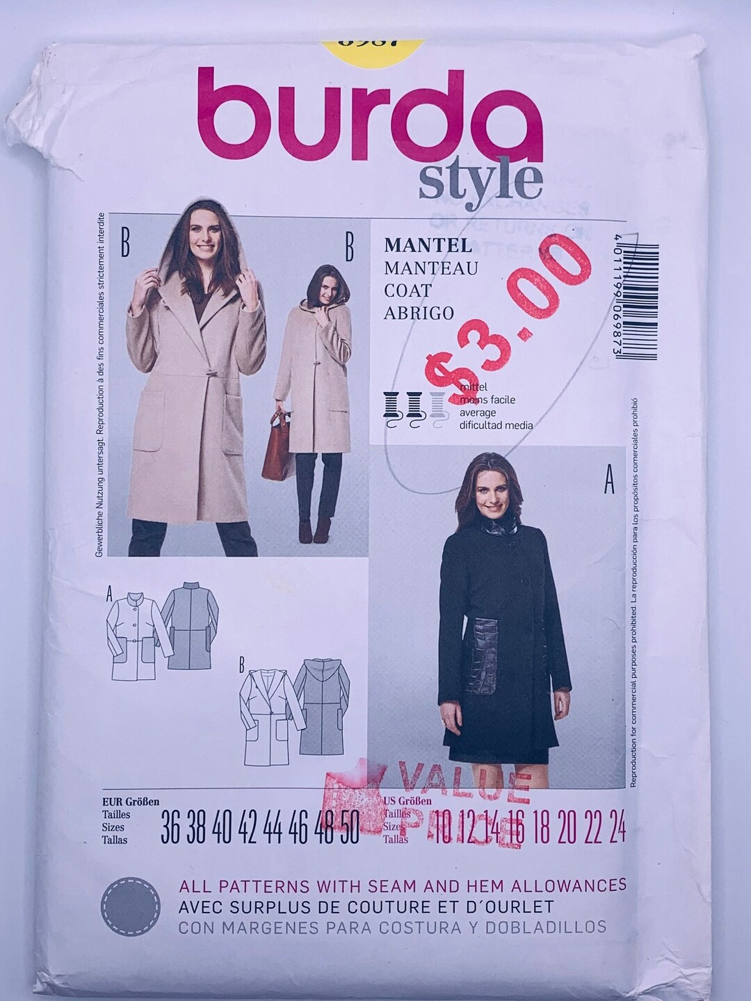 Burda Style Plus Size Coat Sewing Pattern 6987 Sizes 10-12-14-16-18-20 ...