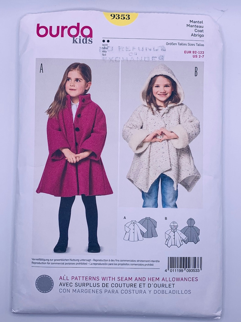 Burda Kids A-line Coat Sewing Pattern 9353 With or Without - Etsy