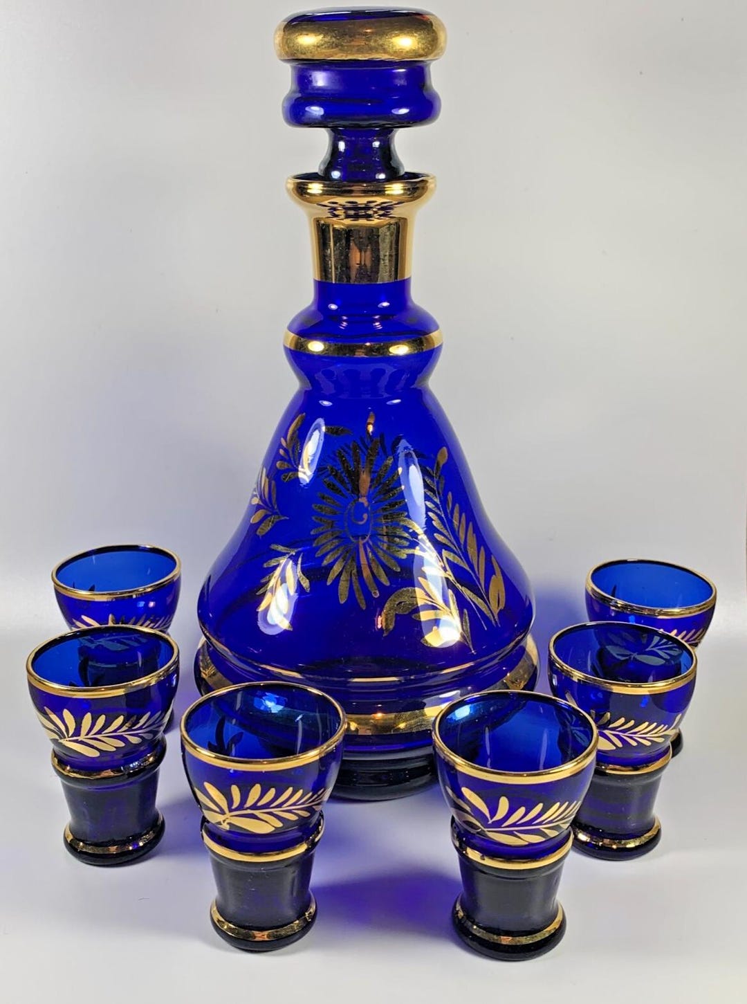 Rossini Emploli Cobalt Blue Decanter 6 Glasses Gold Floral Leaves and ...