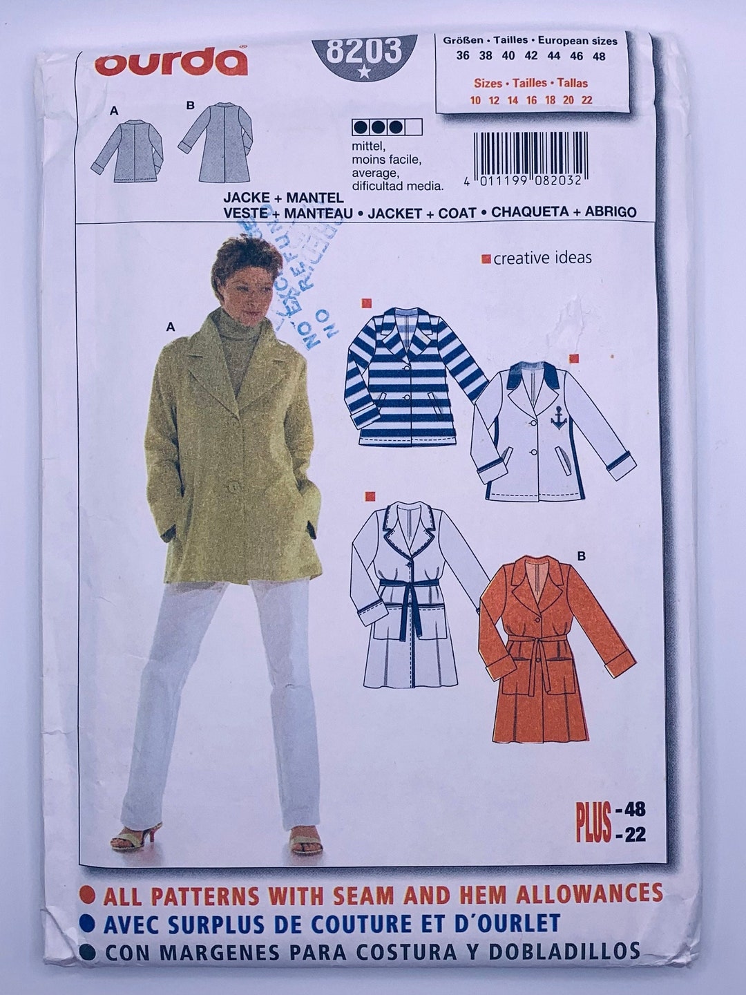 Burda Jacket/coat Sewing Pattern 8203 US Sizes 10-12-14-16-18-20-22 EUR ...