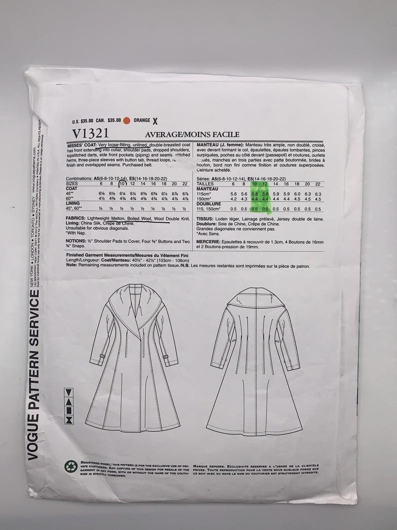 Vogue Donna Karan Coat Sewing Pattern V1321 : Wide Collar, Belt (sizes ...
