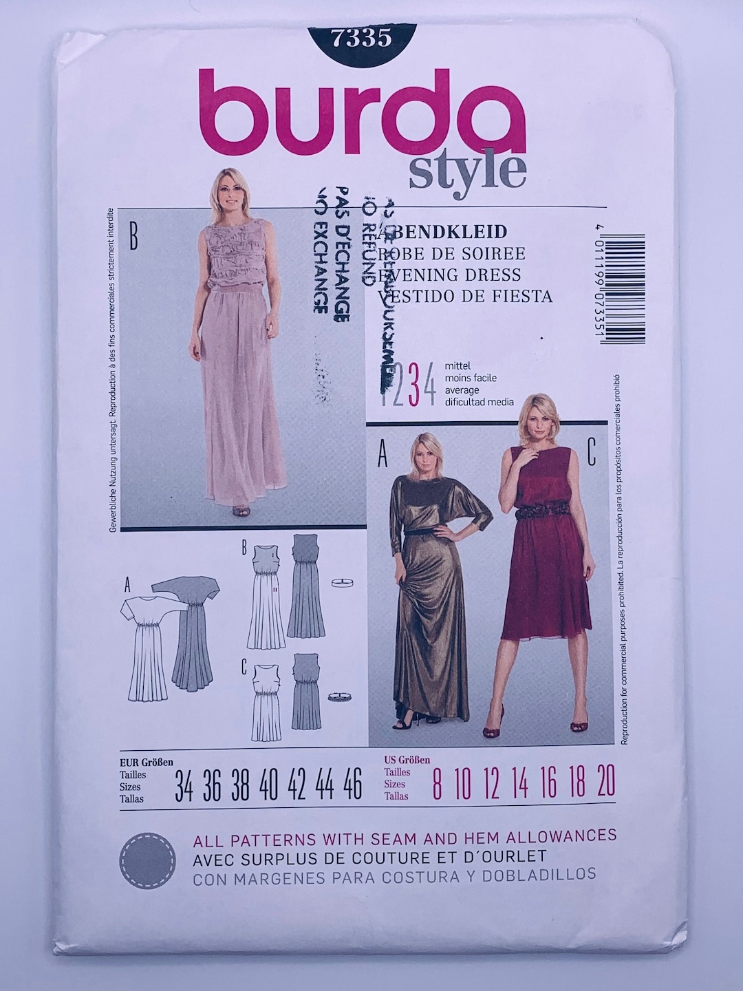Burda Style Evening Dress Sewing Pattern 7335 US Sizes 8-10-12-14-16-18 ...