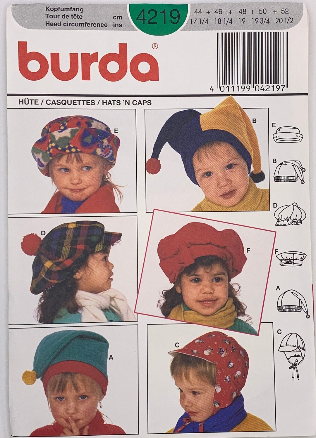 Burda 4219: Kids Hats & Caps Sewing Pattern, 6 Styles (17.25-20.5 ...
