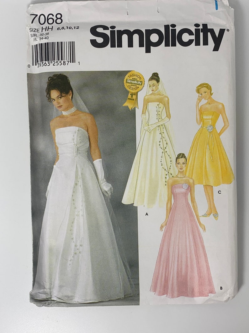 Simplicity 7068 Wedding Prom or Evening Strapless Dress Sewing Pattern ...