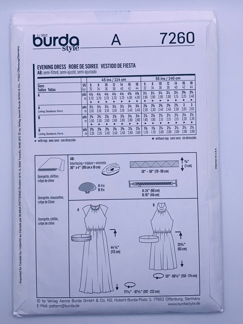 Burda Style Evening Dress Sewing Pattern 7260 Sizes 6-8-10-14-18-16 EUR ...