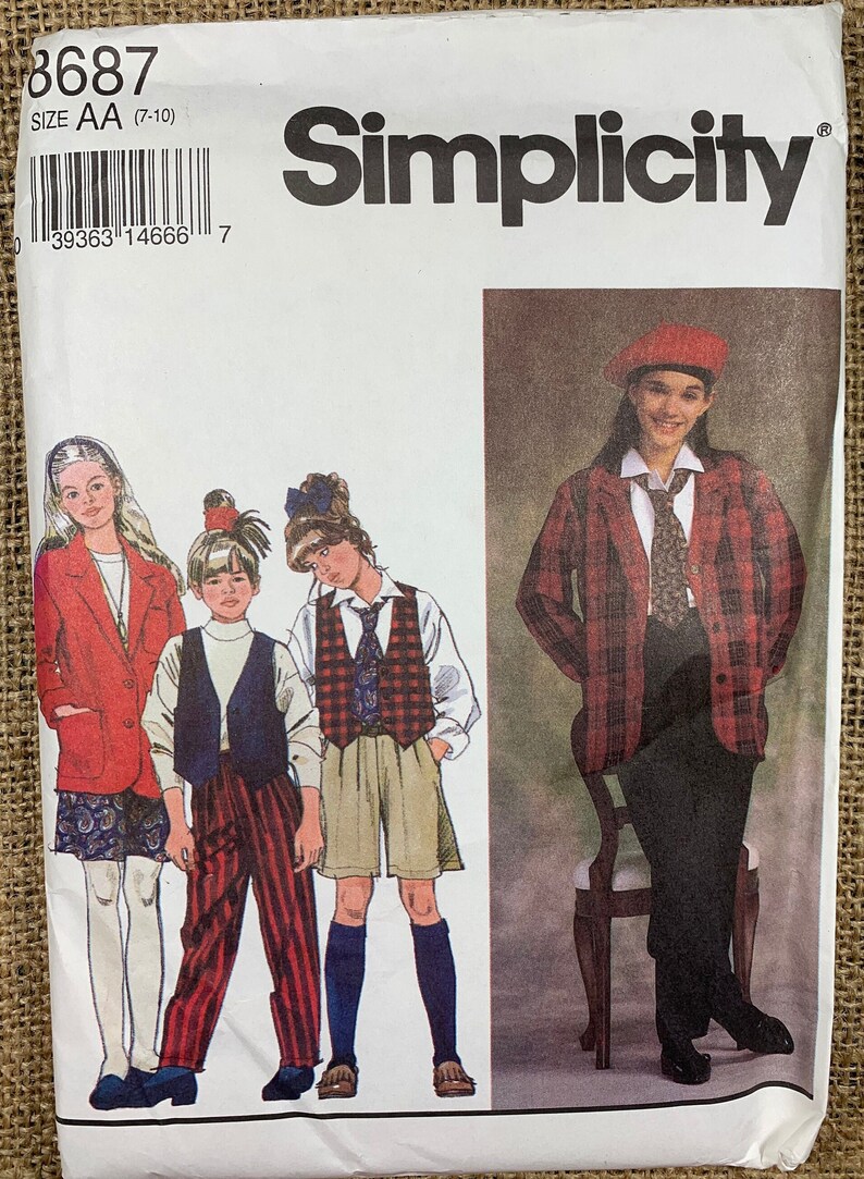Simplicity 8687 Girl's School Uniform 90's Fashion Blazer Vest Tie ...